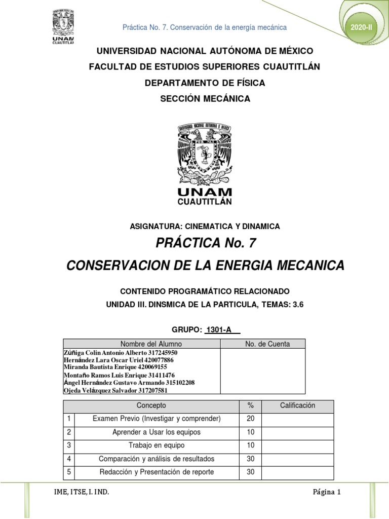 Practica 7 Conservacion de La Energia Mecanica | PDF | Energía ...