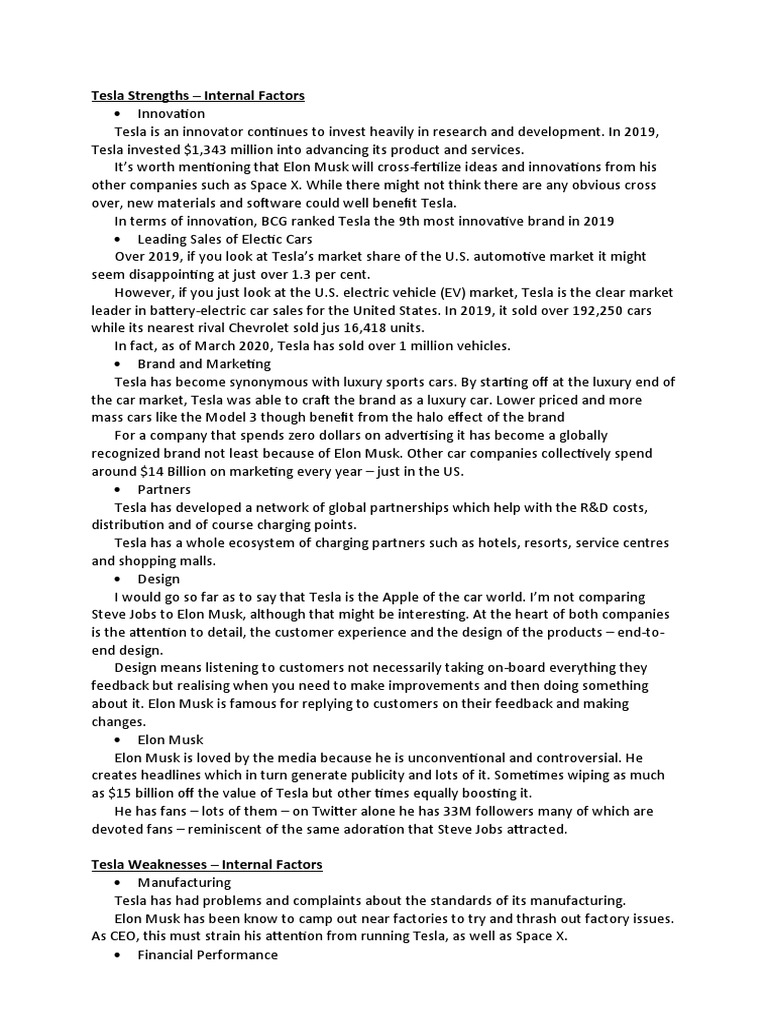 Tesla Strengths - Internal Factors | PDF | Electric Vehicle | Car