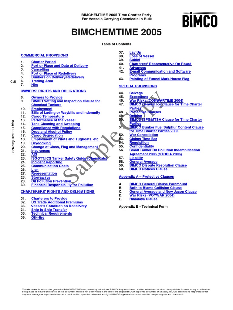 BIMCO Sample Copy BIMCHEMTIME 2005 TIME CHARTER FOR CHEM. TK. | PDF ...