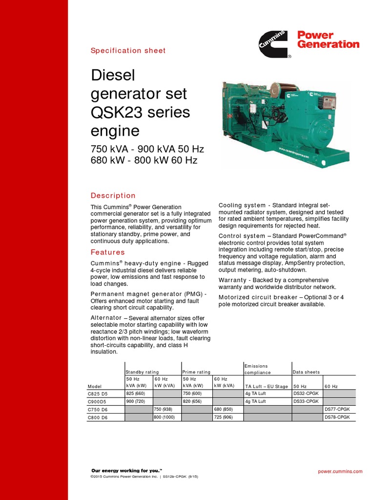 Diesel Generator Set QSK23 Series Engine: 750 kVA - 900 kVA 50 HZ 680 ...