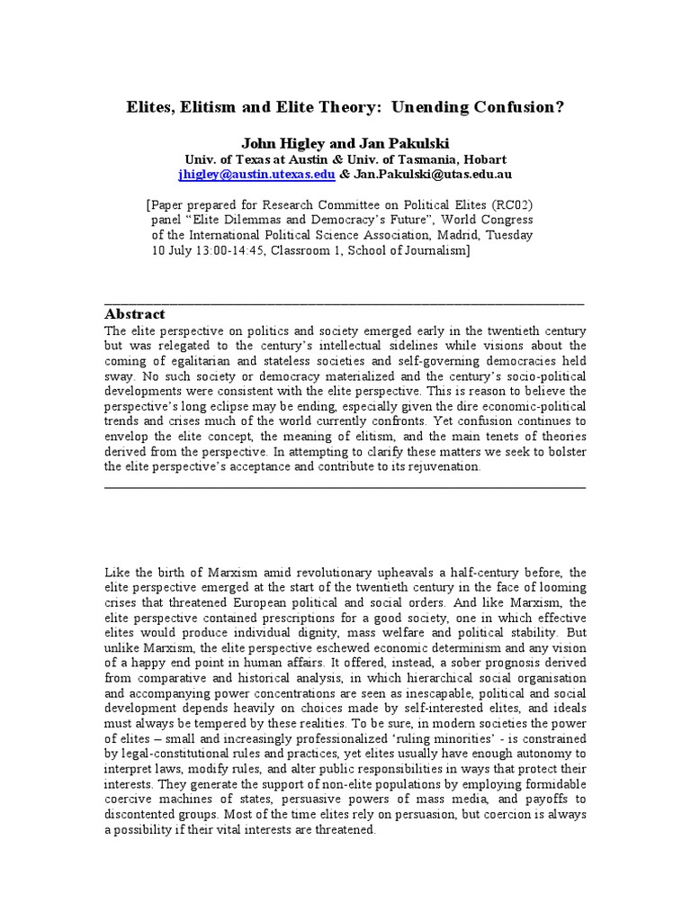 Elites, Elitism and Elite Theory: Unending Confusion?: John Higley and ...