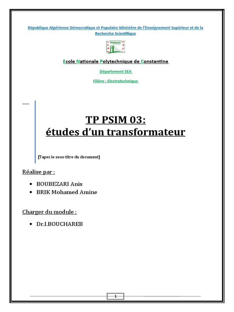 TP Psim | PDF | Transformateur électrique | Ingénierie de l'énergie électrique