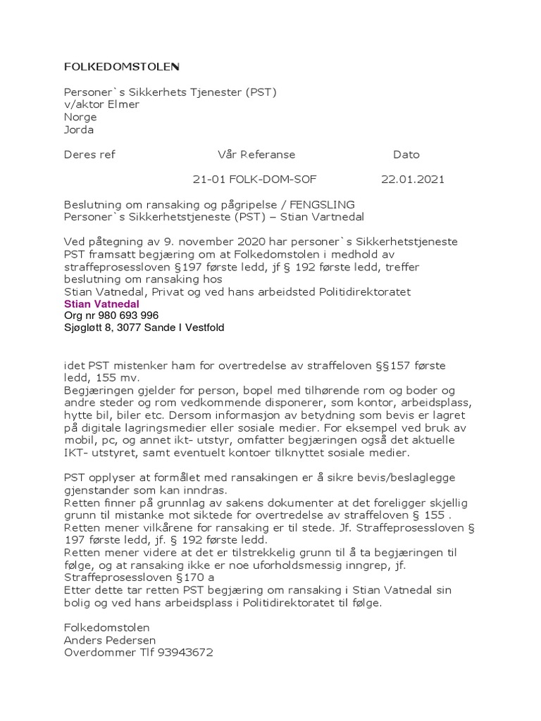 Stian Vatnedal Beslutning Om Ransaking Stian Vatnedal | PDF