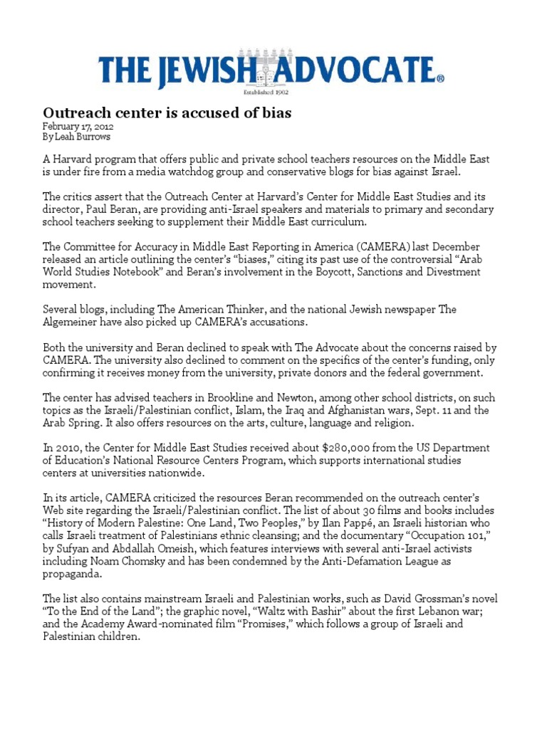 2012-02-17 - Jewish Advocate - Outreach Center Accused of Bias | PDF ...
