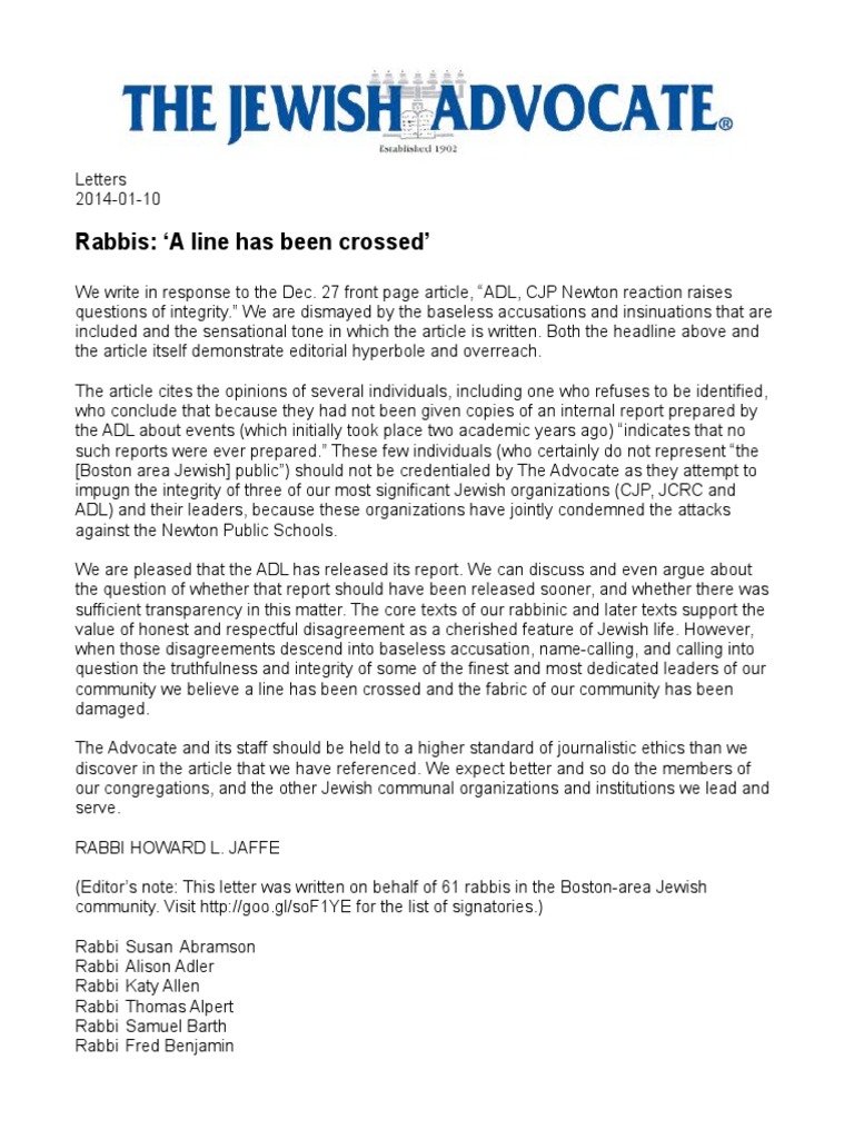 2014-01-10 - Jewish Advocate Letter - Rabbis-A Line Has Been Crossed ...