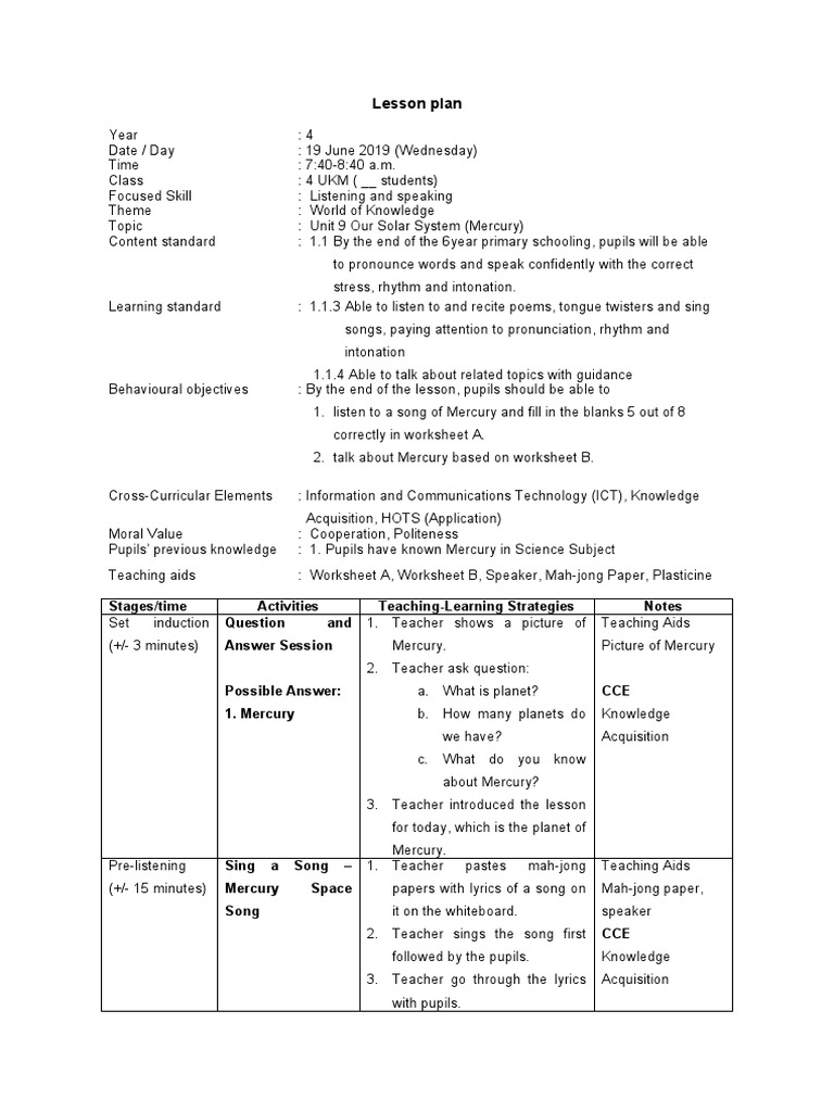 Lesson Plan: Stages/time Activities Teaching-Learning Strategies Notes ...