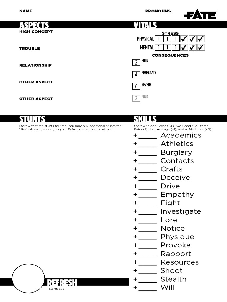 Fate Condensed Character Sheet Formfillable | PDF | Human Nature | Psychology