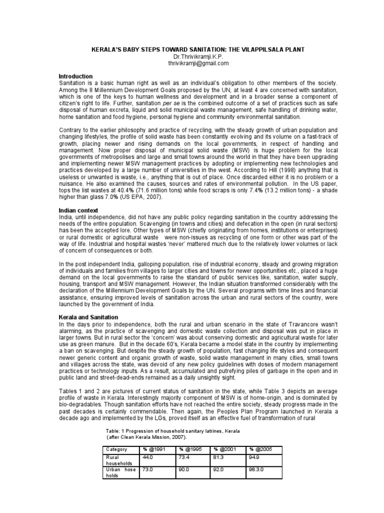 Kerala Sanitation: Vilappilsala Plant | PDF | Sanitation | Municipal ...