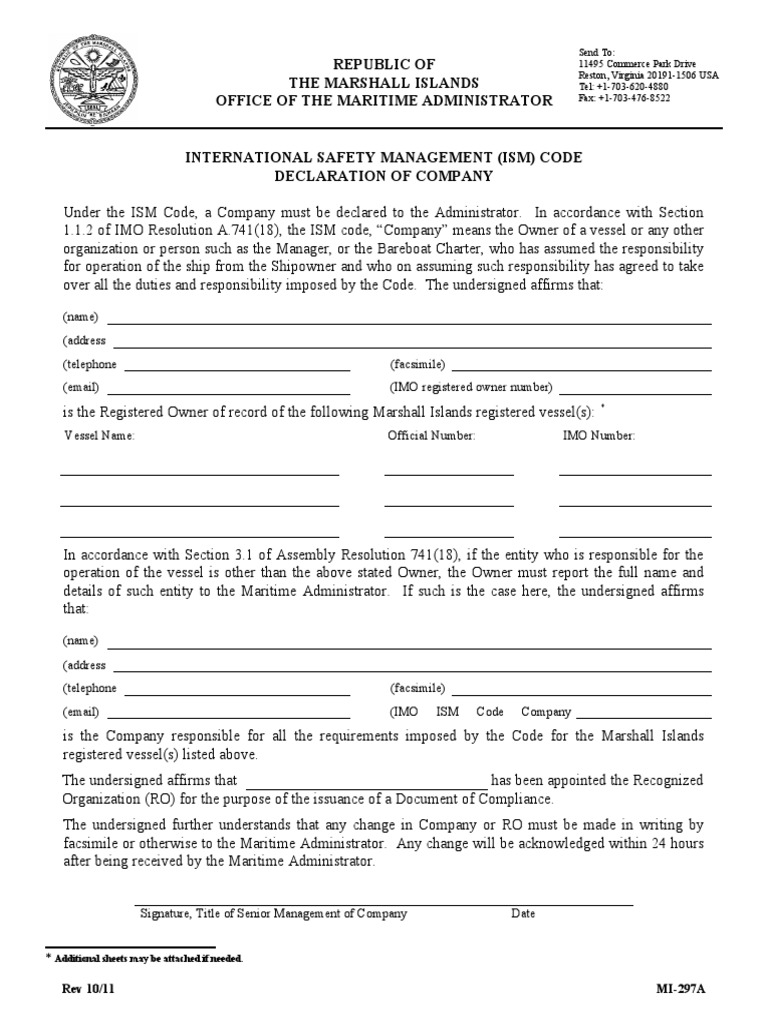 MI-297A (ISM Code Declaration of Company) | PDF | Fax | Water Transport