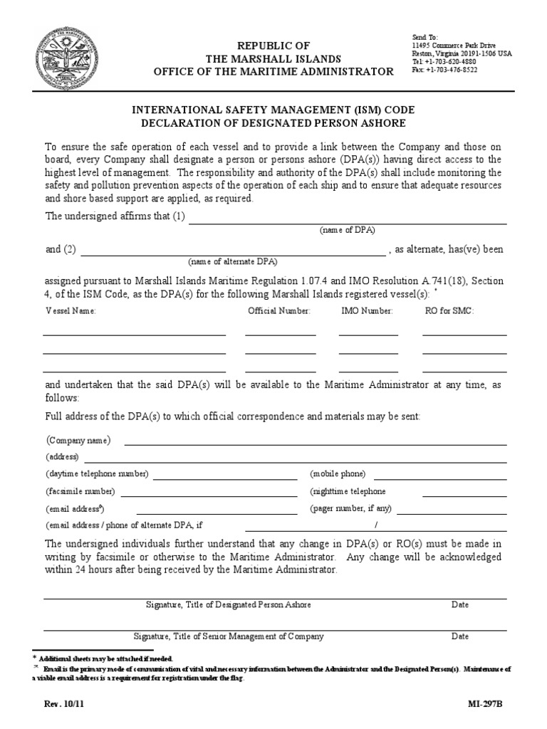 MI-297B (ISM Code Declaration of DPA) | PDF | Fax | Waterway And Maritime