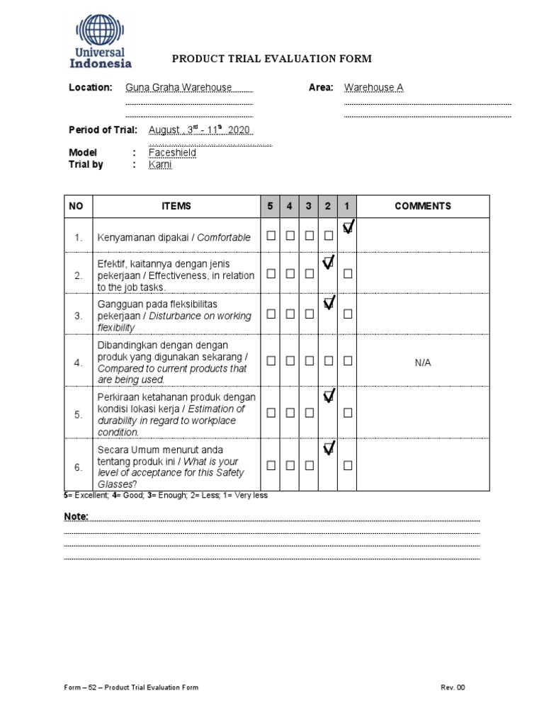 Form-052-Product Trial Evaluation Form Karni | PDF