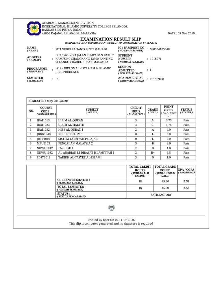 Examination Result Slip: (Kursus) (Jam Kredit) (Gred) (Nilai Gred ...