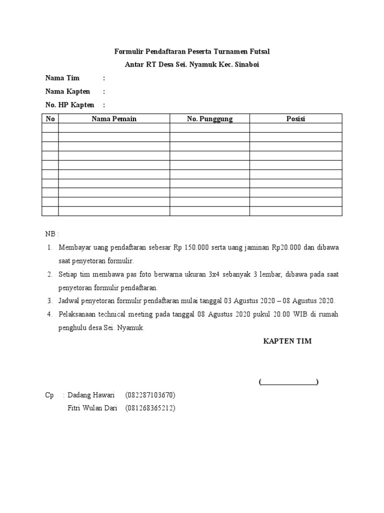 Formulir Pendaftaran Peserta Turnamen Futsal | PDF