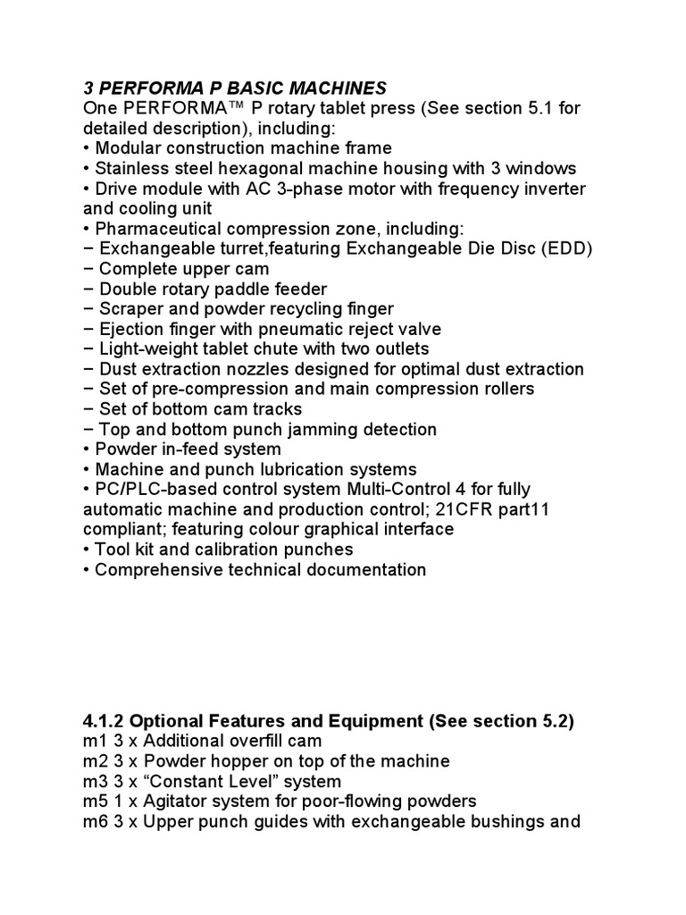 3 Performa P Basic Machines: 4.1.2 Optional Features and Equipment (See ...