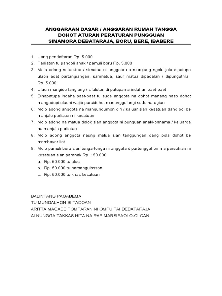 Anggaraan Dasar Ad Art Simamora Debataraja, Boru, Bere, Ibabere | PDF