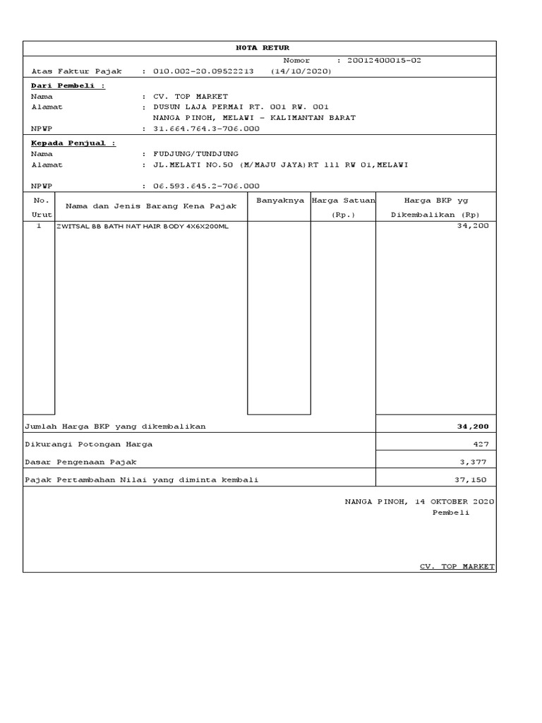 Nota Retur Top Market | PDF