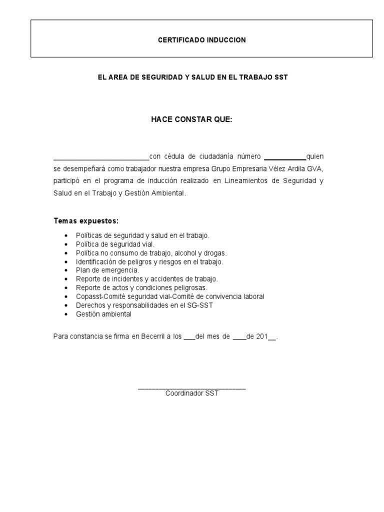 Certificado Inducción | PDF