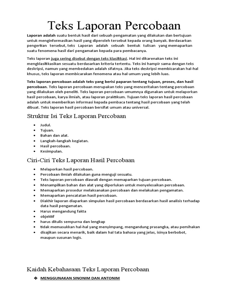 Rangkuman - BIND - Bab 1 - TEKS LAPORAN PERCOBAAN | PDF