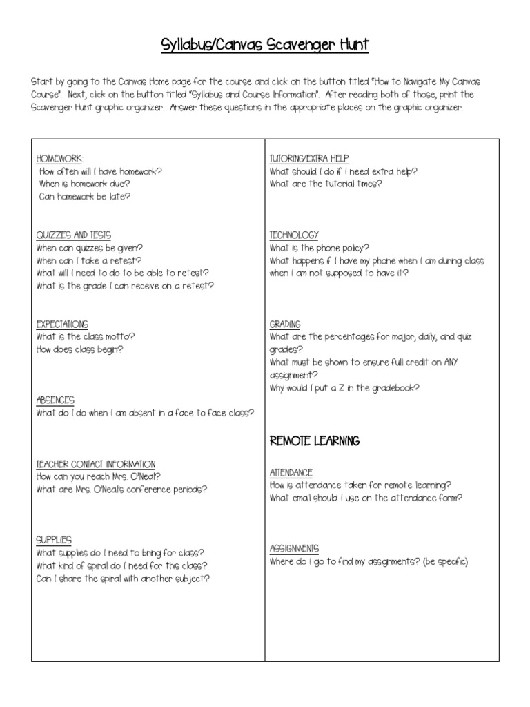 Syllabus and Canvas Scavenger Hunt Questions | PDF