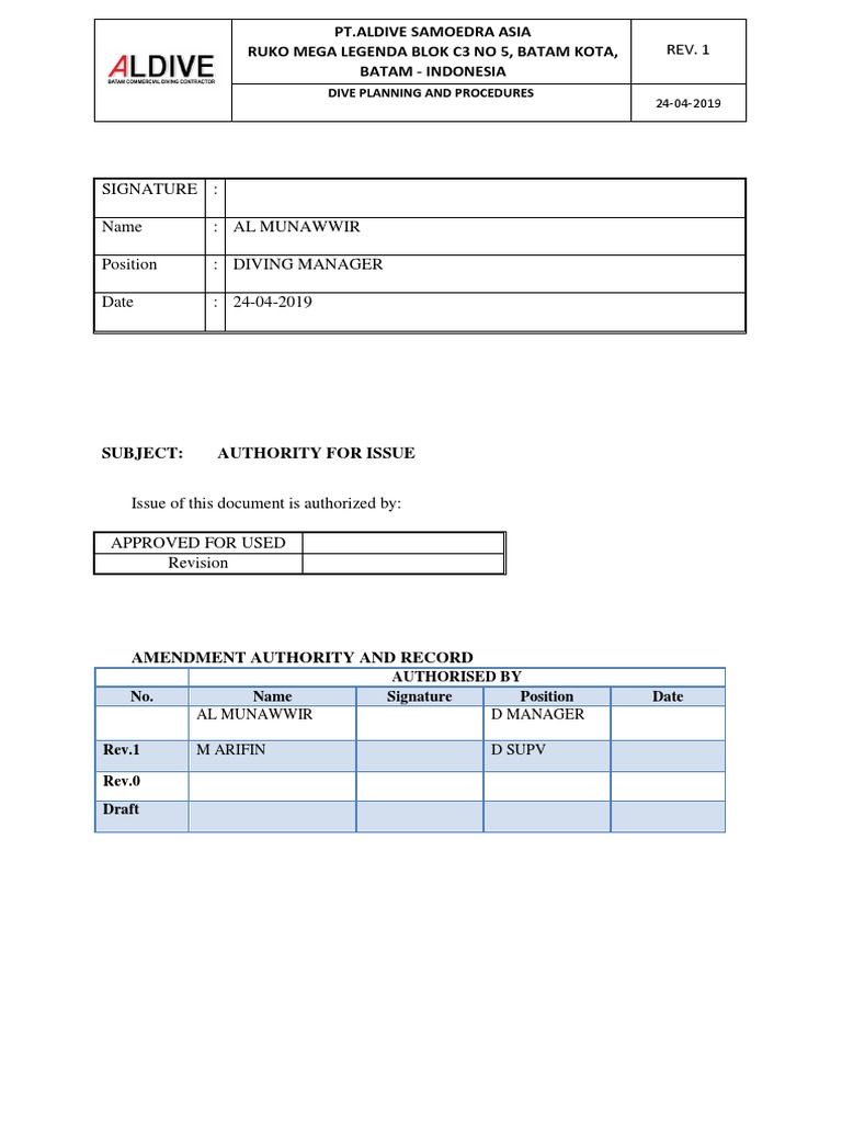 ALDIVE Dive Plan and Proceduree ARMADA STERLING III | PDF | Underwater ...