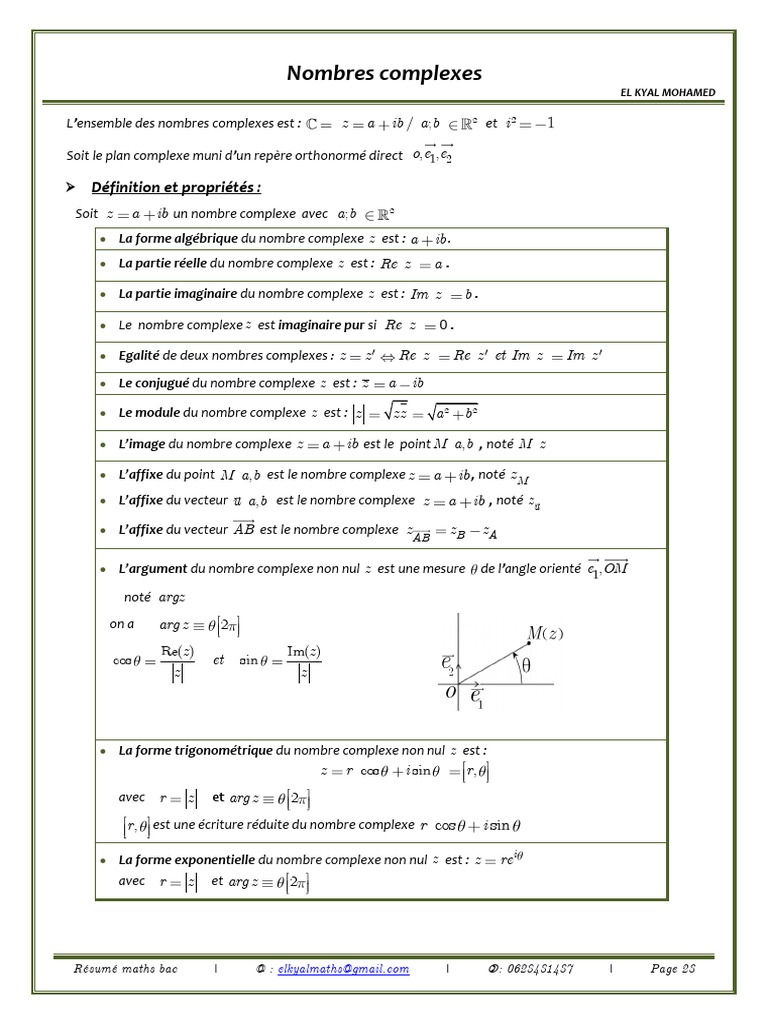 Résumé des Nombres Complexes 2 Bac | PDF | Nombre complexe | Algèbre ...