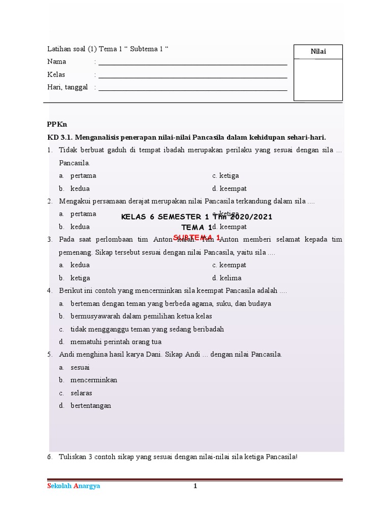 Soal Tema 1 Subtema 1 | PDF