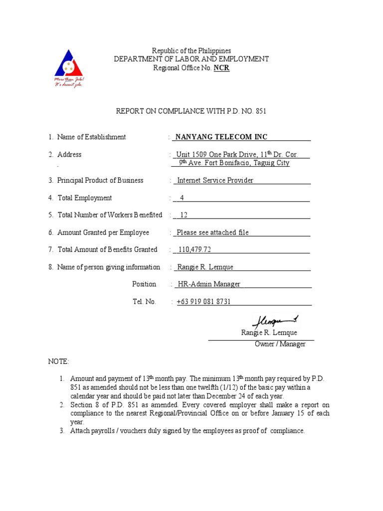 Compliance Report on P.D. No. 851 | PDF | Social Programs | Employment