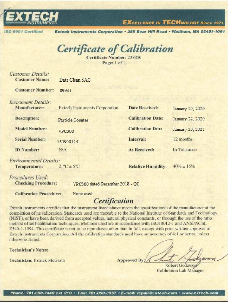 Certificate Vpc300-Particle Counter-Extech | PDF