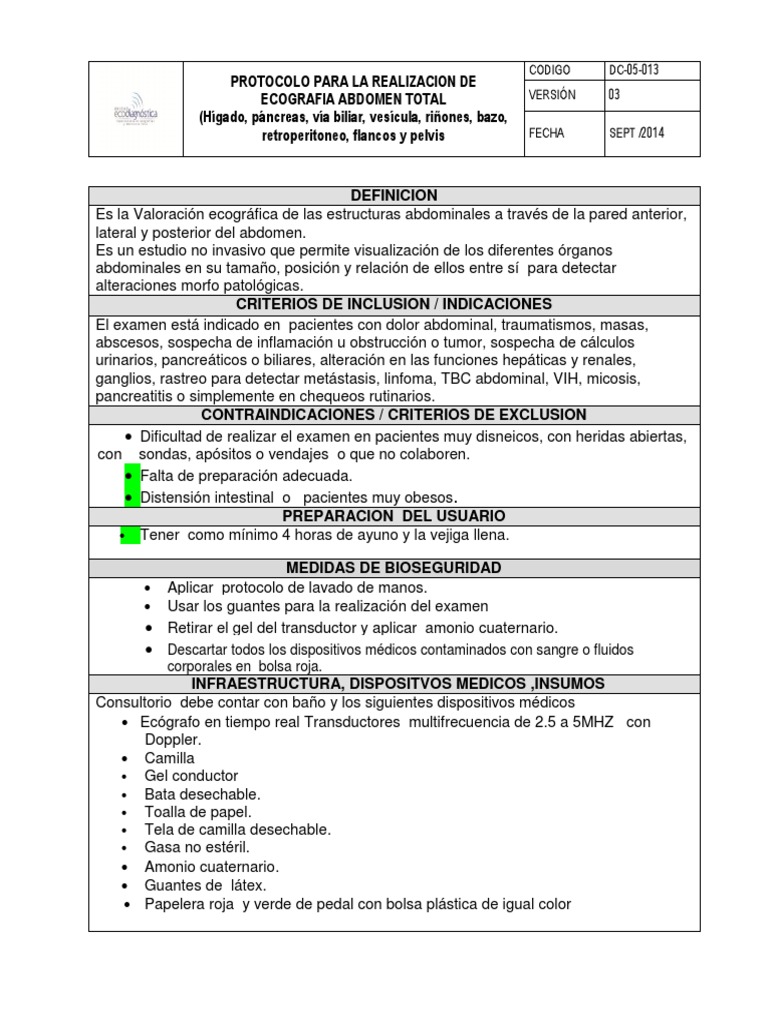 DC-05-013 Protocolo Eco Abdomen Total | PDF | Ultrasonido médico | Abdomen