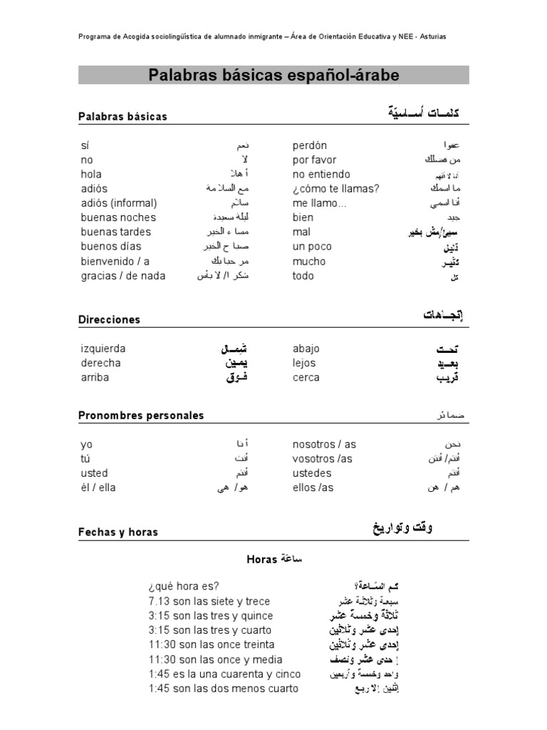 PALABRAS BÁSICAS ESPAÑOL-ÁRABE | PDF | Alimentos | Cocina