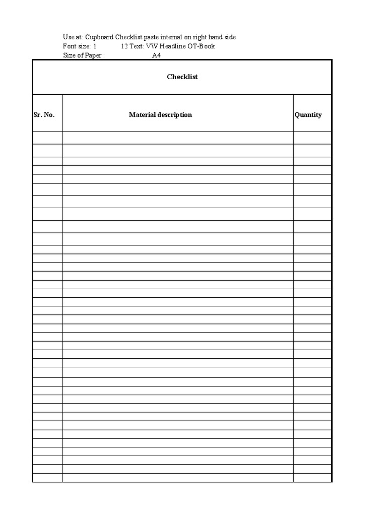 Use At: Cupboard Checklist Paste Internal On Right Hand Side Font Size ...