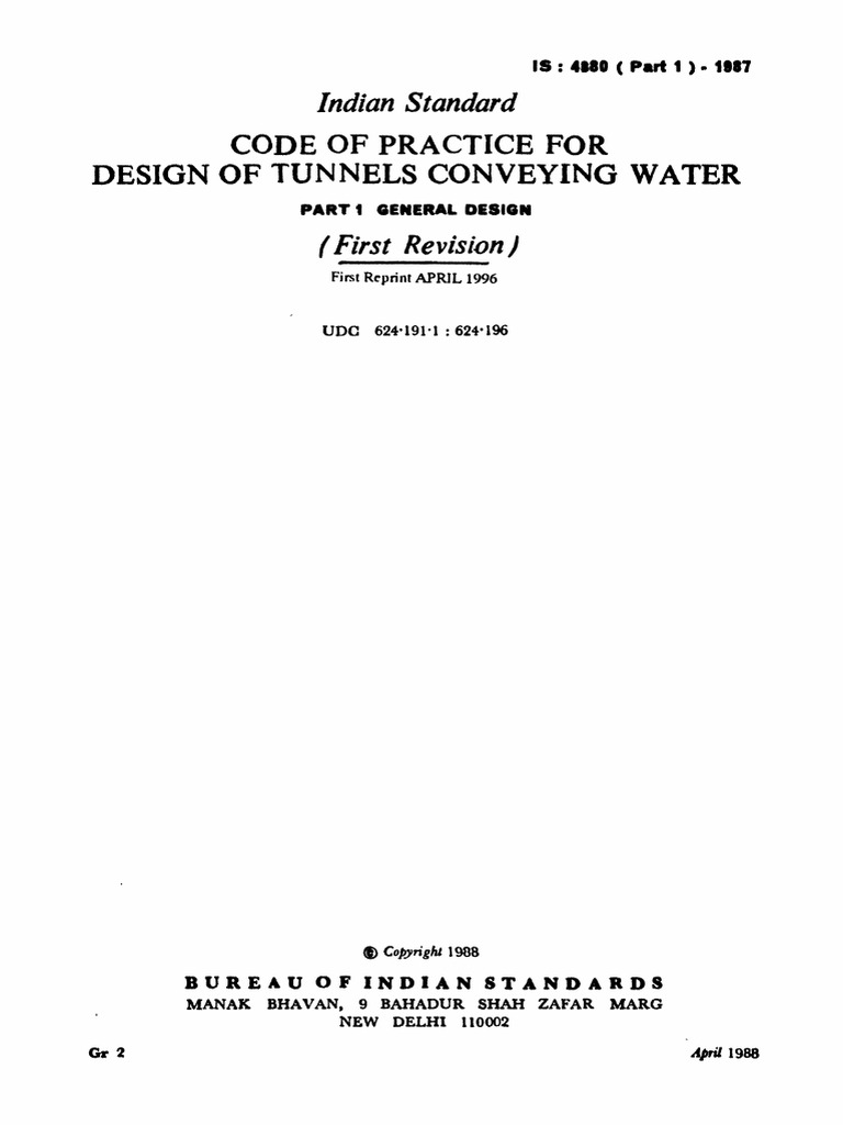 IS 4880-1 (1987) Code of Practice For Design of Tunnels Conveying Water ...