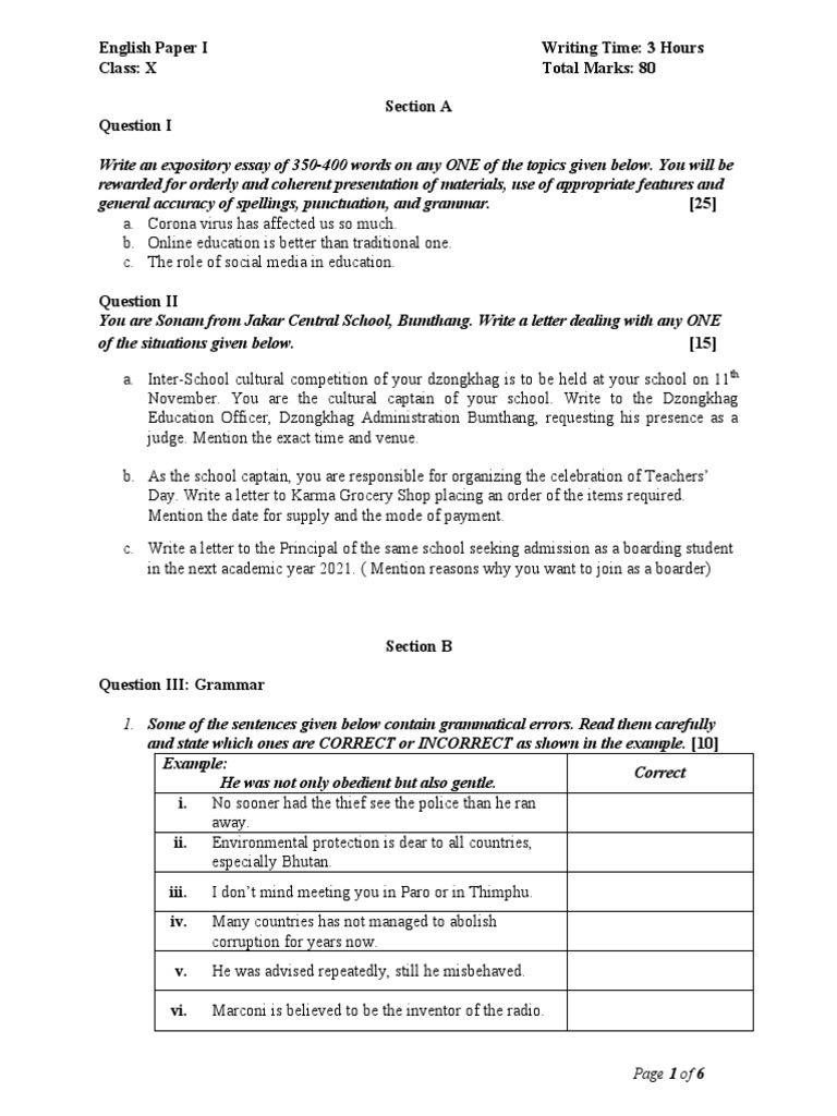 English Paper I Writing Time: 3 Hours Class: X Total Marks: 80 Section ...