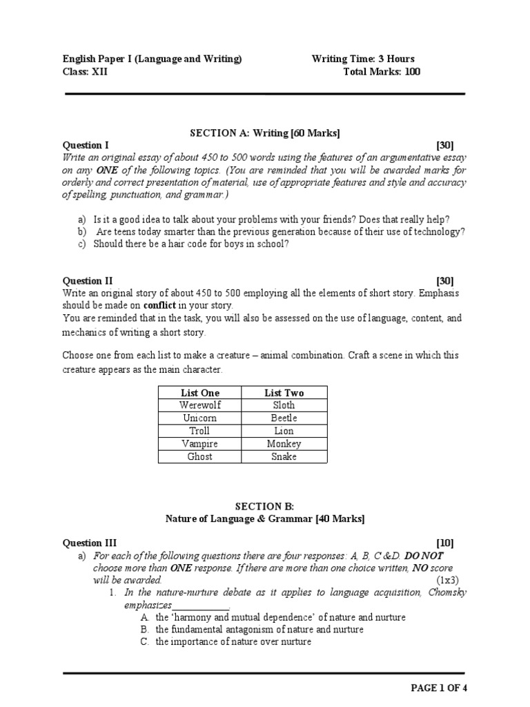 English Paper I (Language and Writing) Writing Time: 3 Hours Class: XII ...