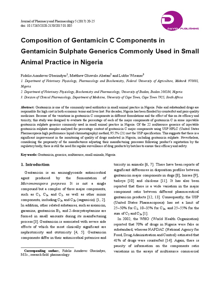 Composition of Gentamicin C Components in Gentamicin Sulphate Generics ...