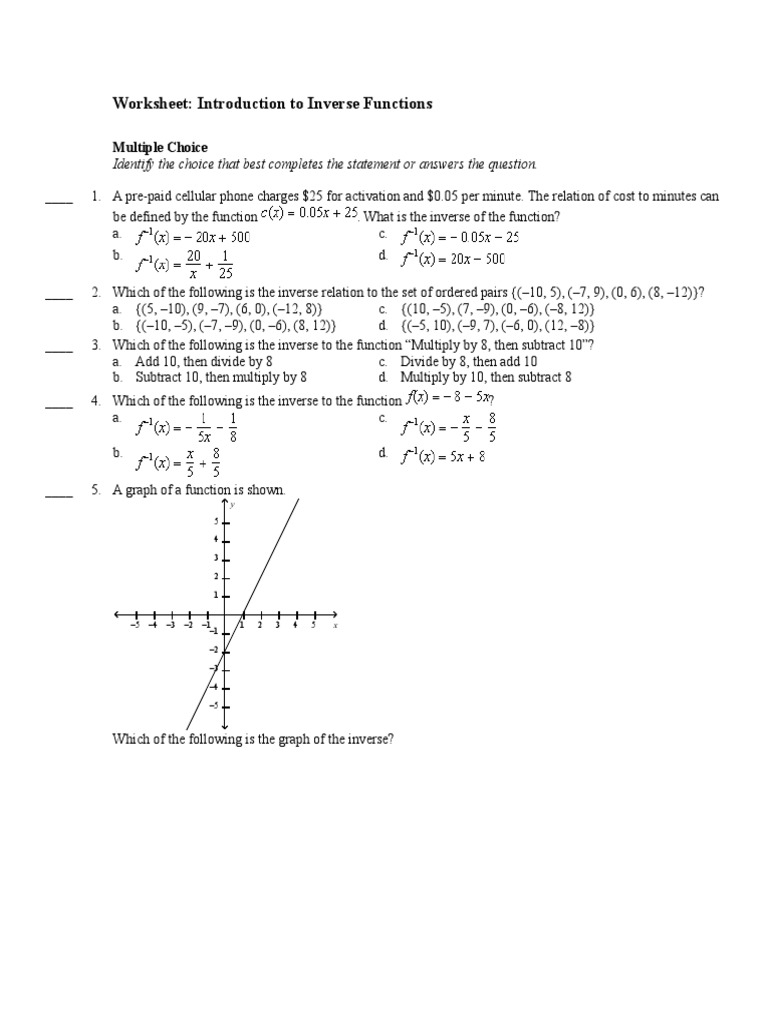 Worksheet Inverse Functions | PDF | Function (Mathematics) | Fahrenheit
