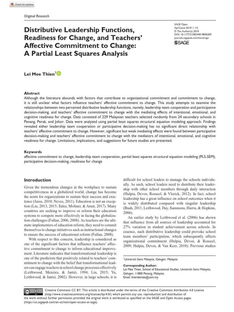 Distributive Leadership Functions, Readiness For Change, and Teachers ...
