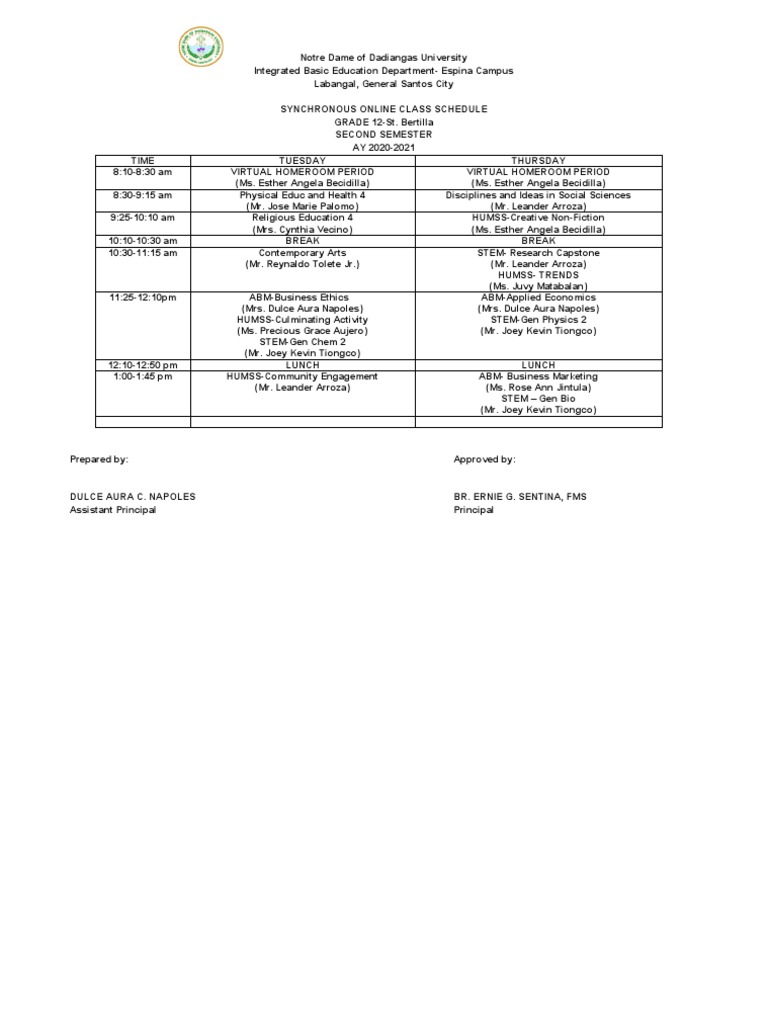 Grade 12 Second Semester Class Schedule | PDF | Science | Science And ...