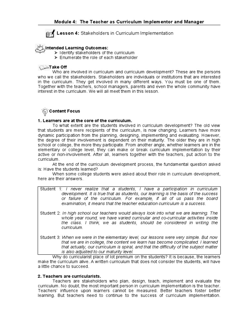 Lesson 4: Stakeholders in Curriculum Implementation: Module 4: The ...