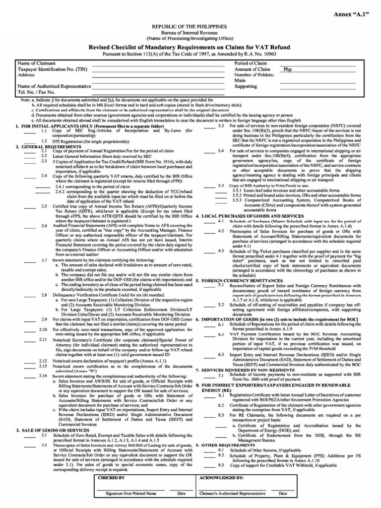 Checklist of Mandatory Requirements On Claims For VAT Refund | PDF