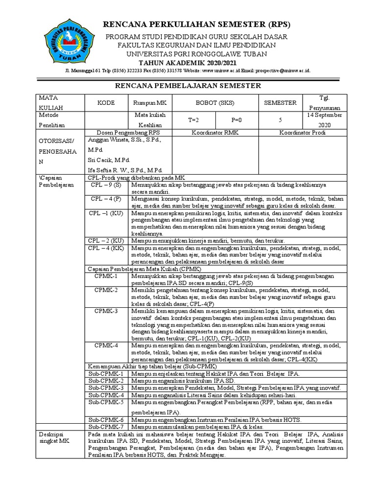 RPS Pembelajaran Ipa SD 2020 | PDF