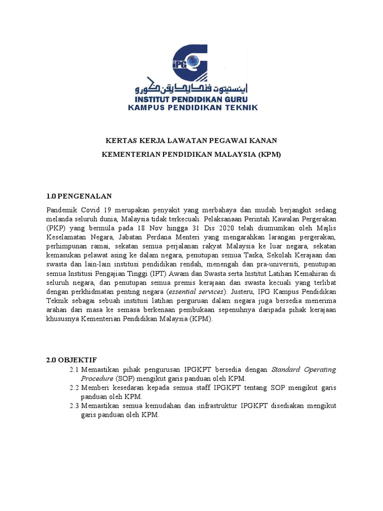 Kertas Kerja Lawatan Pegawai Kanan KPM Ke Ipg | PDF