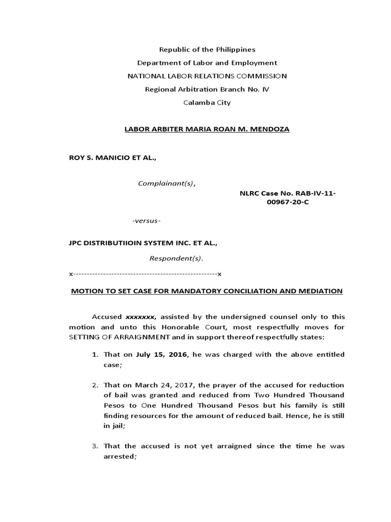 Labor Arbiter Maria Roan M. Mendoza: Complainant(s) | PDF | Arraignment ...