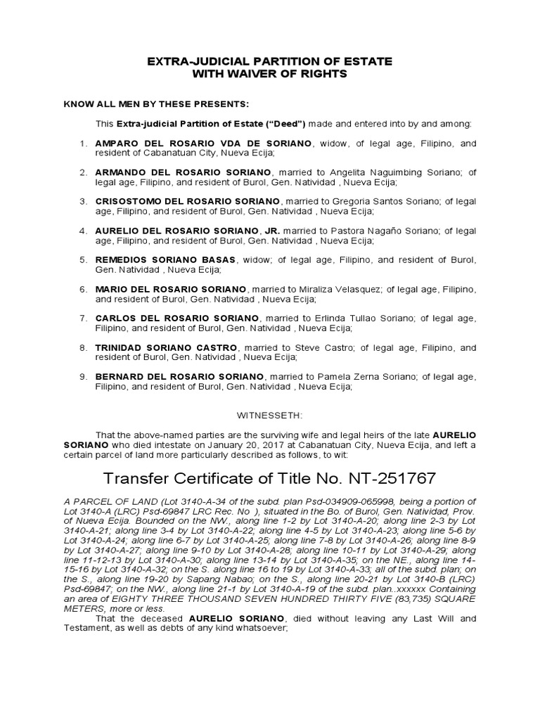 Extra Judicial Partition of Estate | PDF | Civil Law (Common Law ...