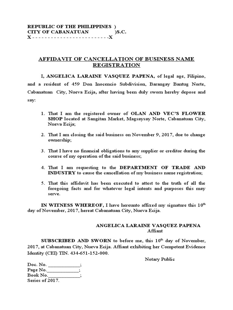 Affidavit of Cancellation of Business Name Registration | PDF
