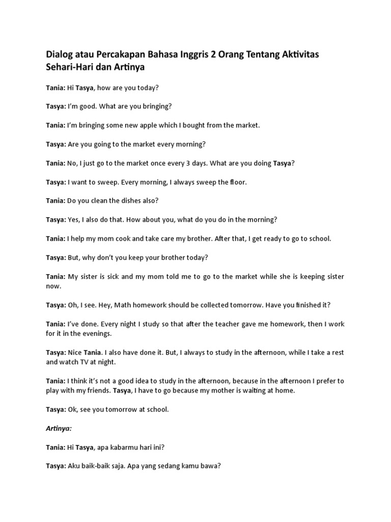 Dialog Atau Percakapan Bahasa Inggris 2 Orang Tentang Aktivitas Sehari | PDF