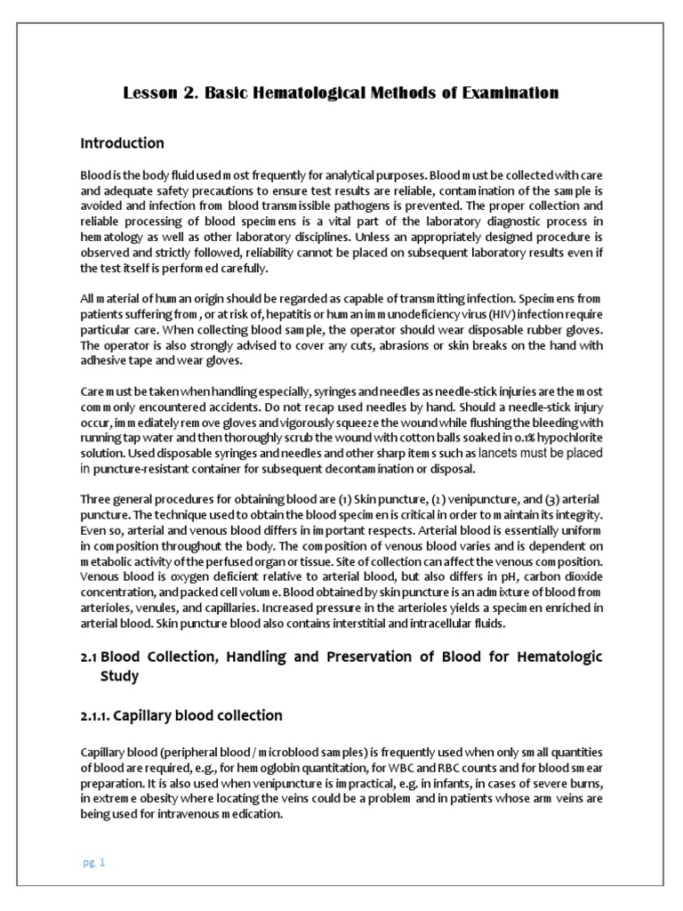 Lesson 2. Basic Hematological Methods of Examination | PDF | Blood ...