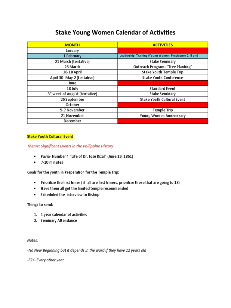Stake Young Women Calendar of Activities | PDF