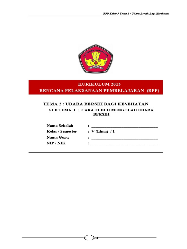 RPP Kelas 5 TEMA 2 - Udara Bersih Bagi Kesehatan | PDF