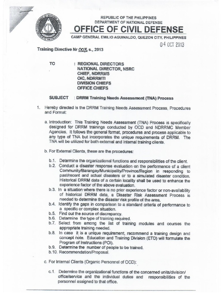 Training Directive NR 003 S 2013 DRRM Training Needs Assessment (TNA ...